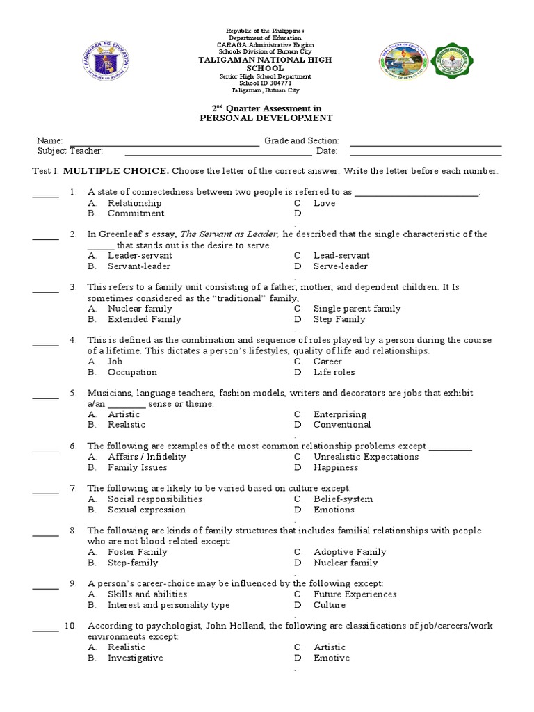 Grade 12 Personal Development Assessment | PDF | Psychologist | Family