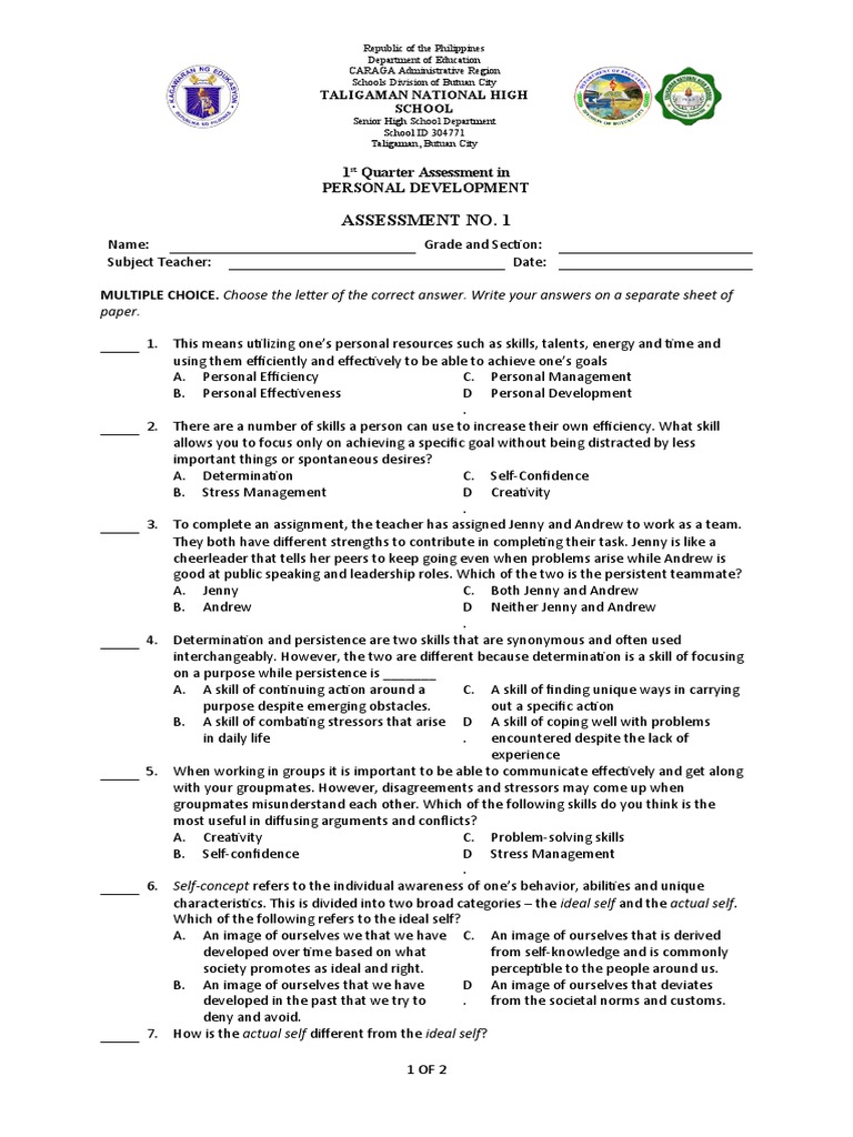 Personal Development Grade 12 - Weekly Assessment 1 | PDF | Self | Self ...