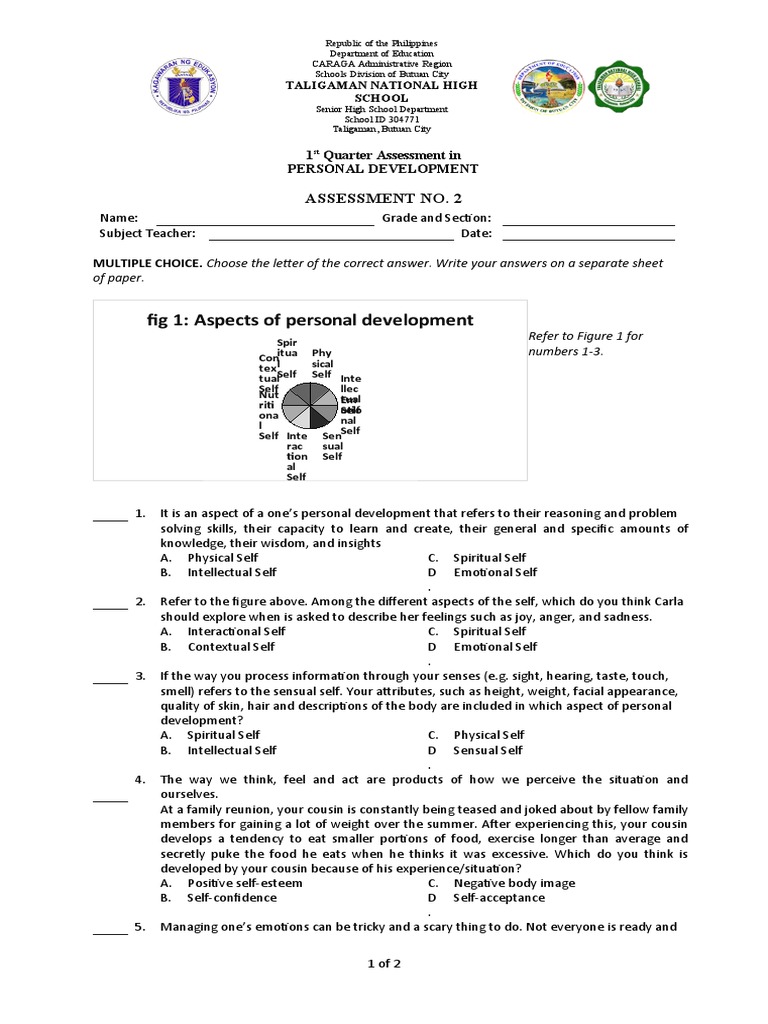 Personal Development Grade 12 - Weekly Assessment 1 | PDF | Feeling | Self