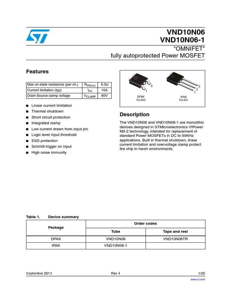 VND10N06 VND10N06-1: "Omnifet" Fully Autoprotected Power MOSFET | PDF ...