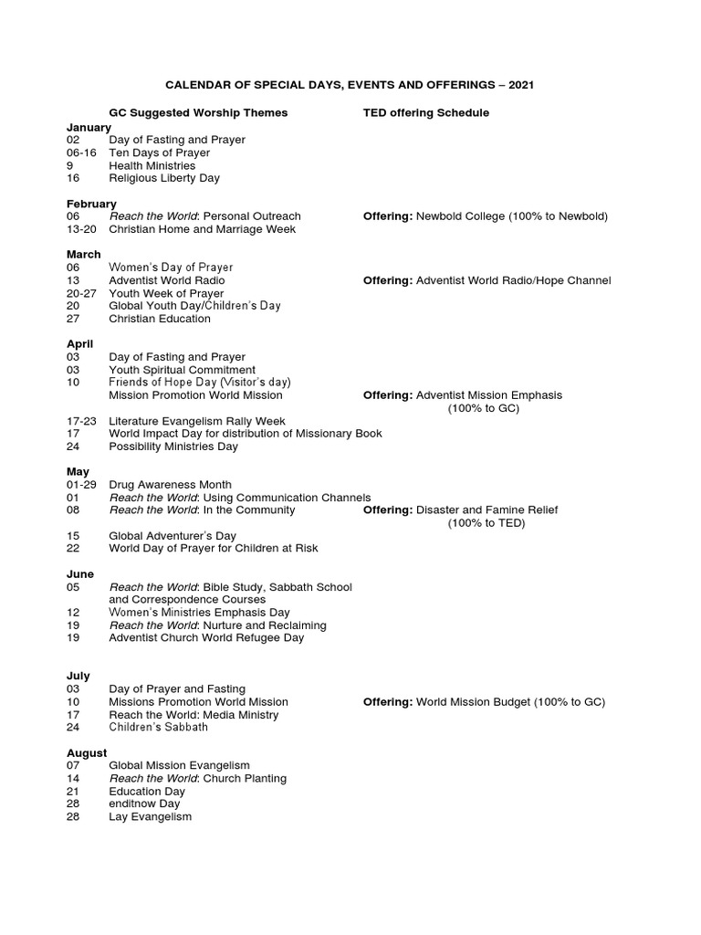 2021 - Calendar of Special Days Events Offerings | PDF | Christian ...