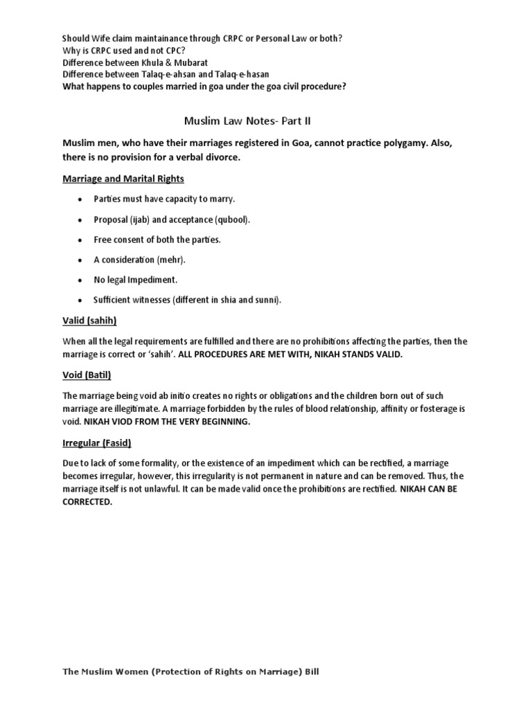 Muslim Law Notes | PDF | Husband | Marriage