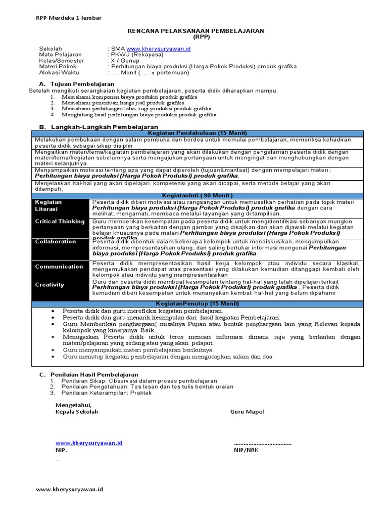 9 RPP 1 Lembar Rekayasa Kls X. Sem.2 - WWW - Kherysuryawan.id | PDF | Karier & Perkembangan | Seni
