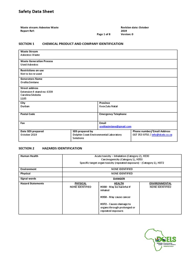 Oriella - Asbestos SDS Rev00 | PDF | Toxicity | Asbestos