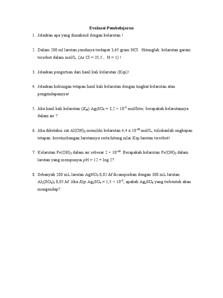 Evaluasi Kelarutan Dan Hasil Kali Kelarutan | PDF | Kajian Bahasa Asing | Sains & Matematika