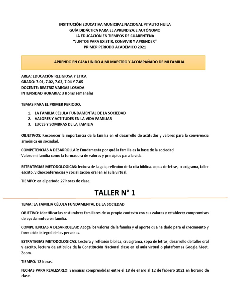 Taller de Ética y Valores para Grado 7 | PDF | Carpintería | Educación ...