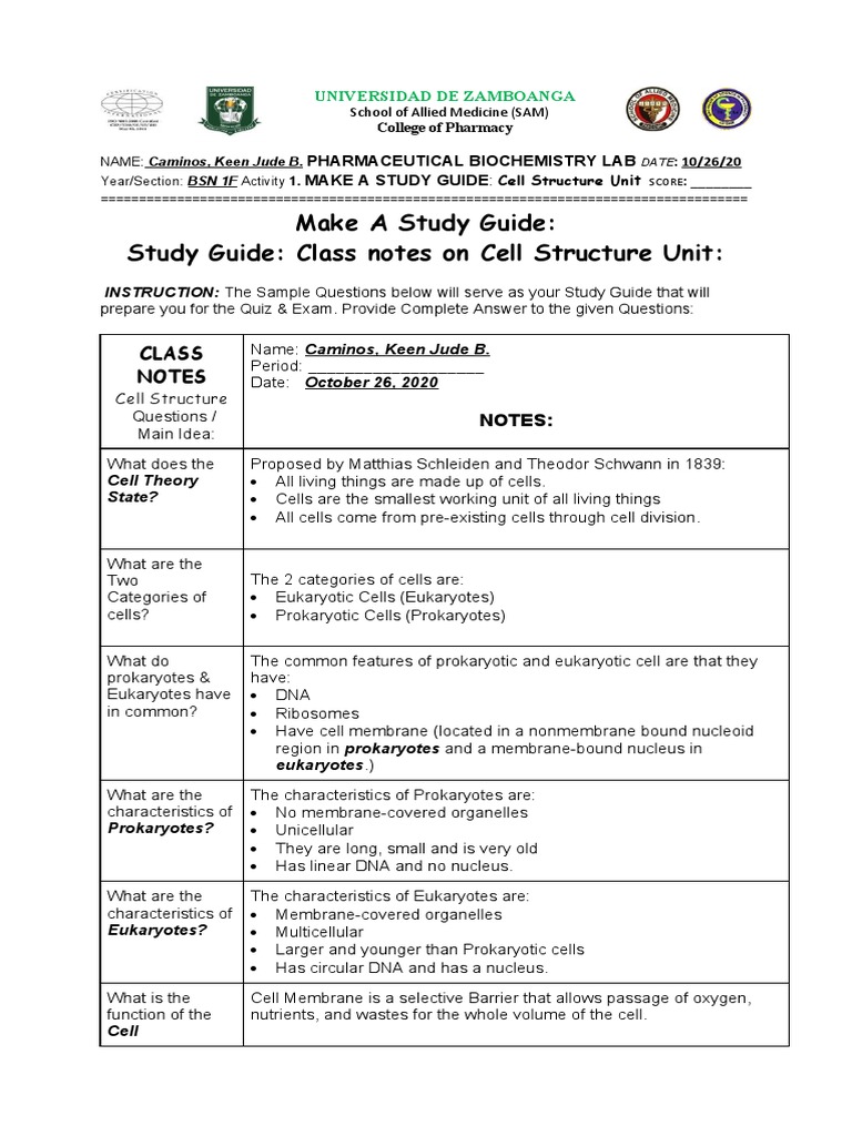 Study Guide: Cell Structure Overview | PDF | Endoplasmic Reticulum ...