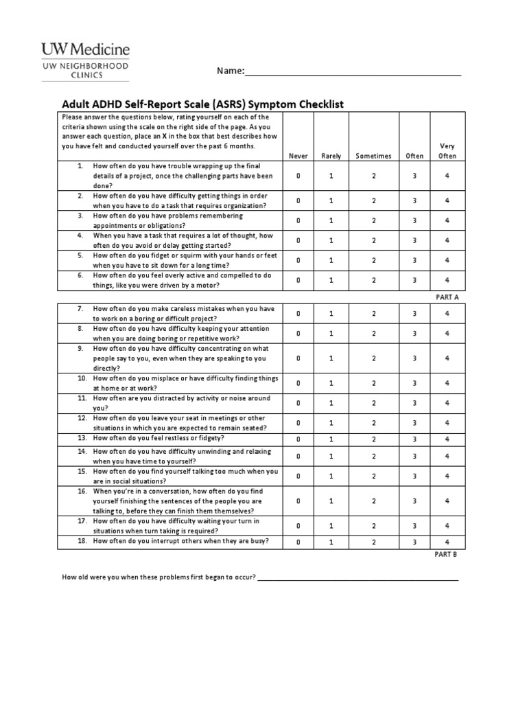 Adult ADHD Self-Report Scale (ASRS) Symptom Checklist: Name | PDF | Bipolar Disorder | Psychiatry