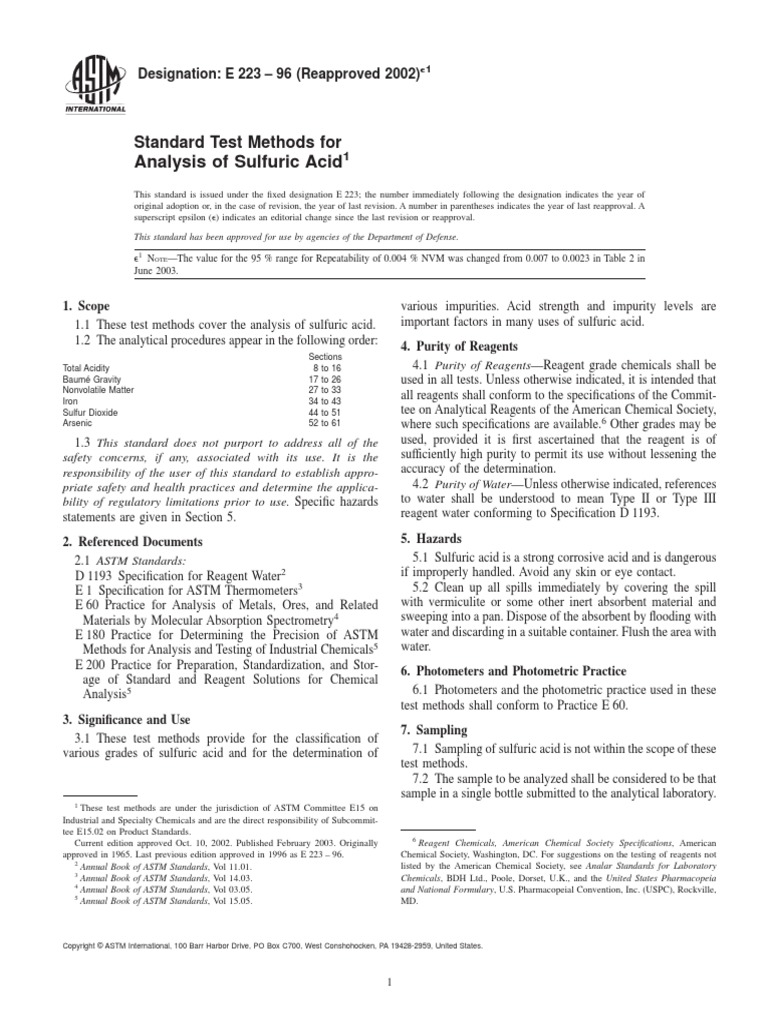 Analysis of Sulfuric Acid: Standard Test Methods For | PDF | Titration ...