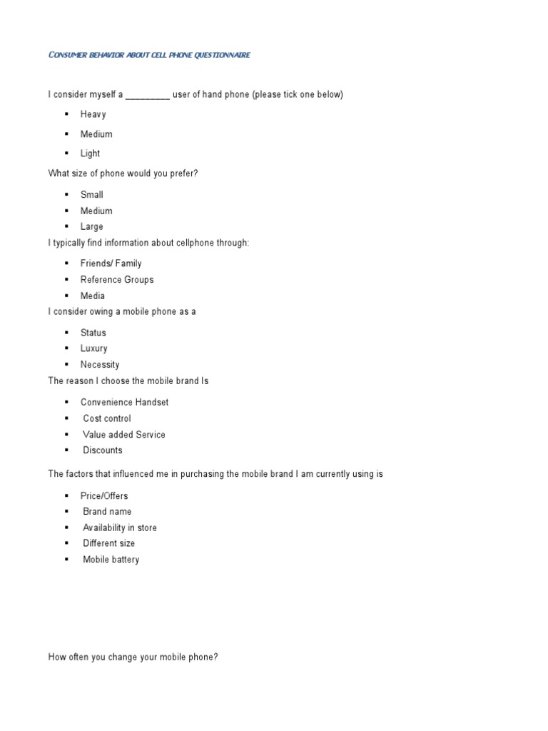 Questionnaire CB CELLPHONE | PDF | Mobile Phones | Consumer Behaviour