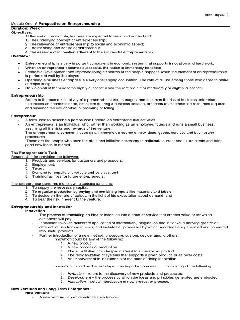 Shs Module 1 Entrepreneurship | PDF | Entrepreneurship | Innovation