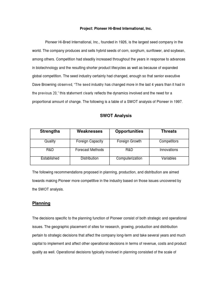 Pioneer Hi-Bred SWOT Analysis & Strategy | PDF | Supply Chain | Forecasting