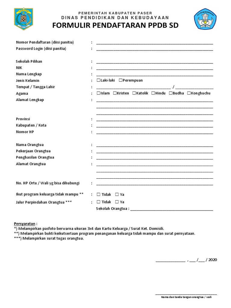 Formulir Pendaftaran SD | PDF