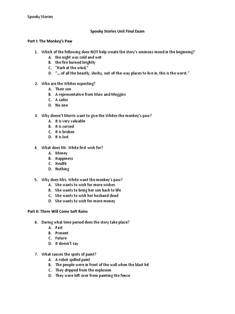 Spooky Stories Unit Final Exam Part I: The Monkey's Paw | PDF | Mystery ...