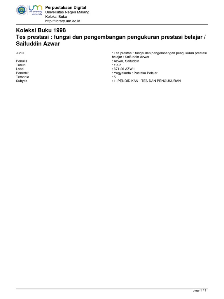Koleksi Buku 1998 Tes Prestasi: Fungsi Dan Pengembangan Pengukuran ...