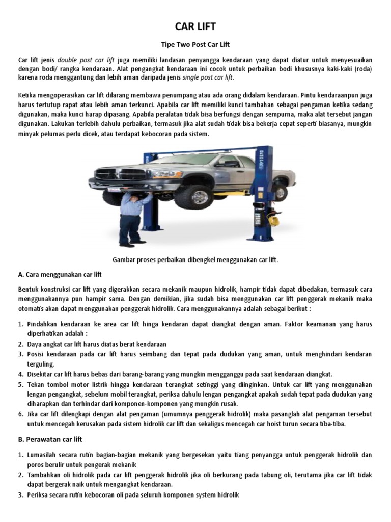 Panduan Penggunaan Two Post Car Lift | PDF