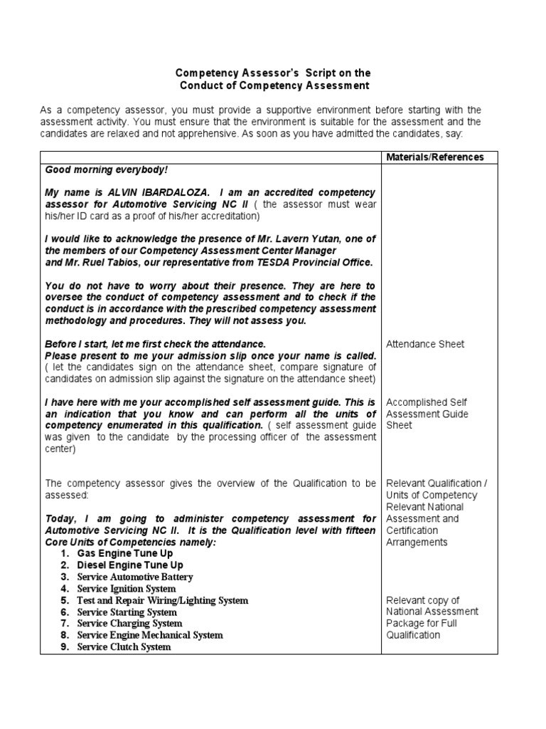 Competency Assessor's Script On The Conduct of Competency Assessment ...