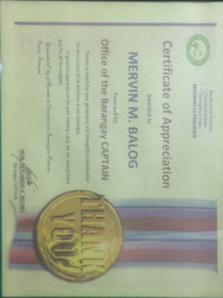 Certificate of Appreciation (Barangay) | PDF