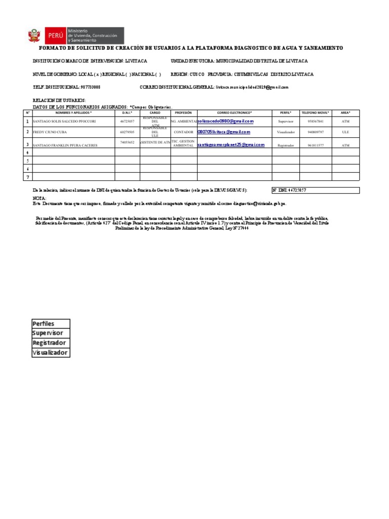 Formato Oficial Creación de Usuarios Plataforma Diagnóstico | PDF ...