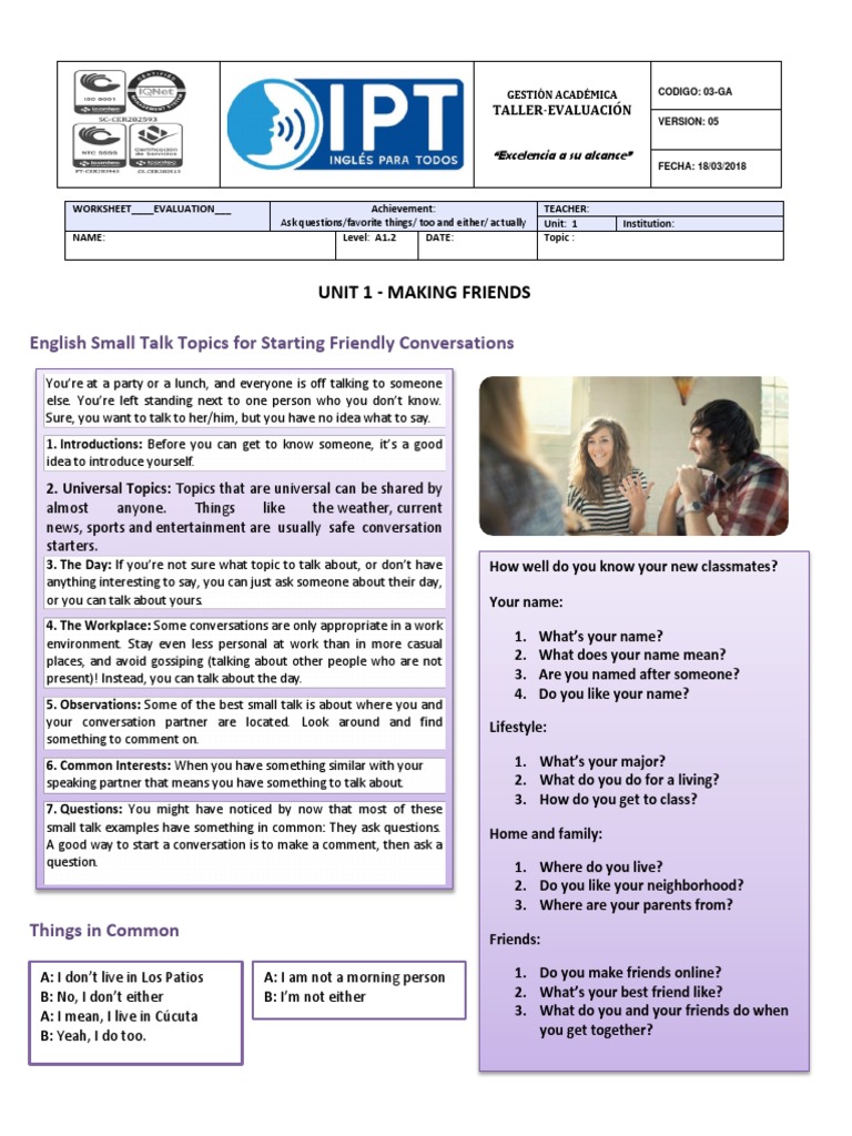 Unit 1 - Making Friends: English Small Talk Topics For Starting ...
