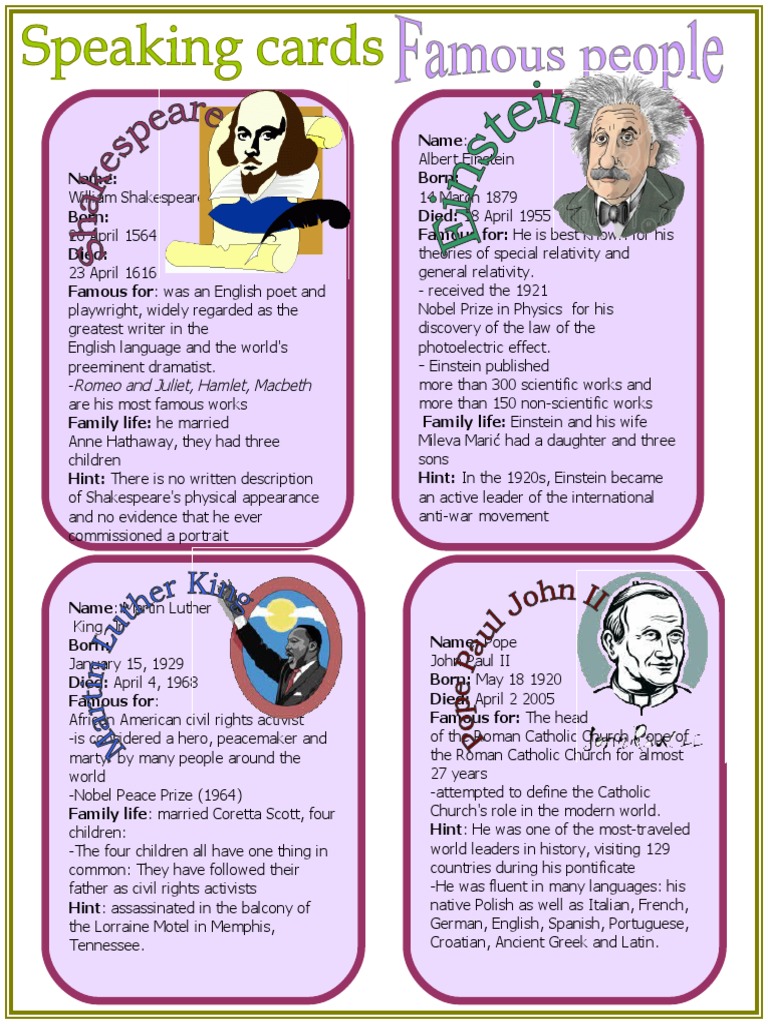 Cards For Biography | PDF | Albert Einstein | William Shakespeare