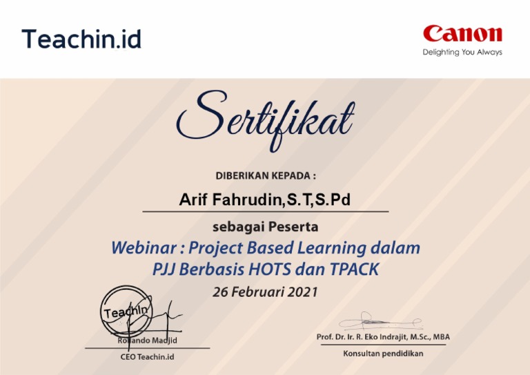 E-Sertifikat Project Based Learning Dalam PJJ Berbasis HOTS Dan TPACK - Arif Fahrudin, S.T, S.PD ...