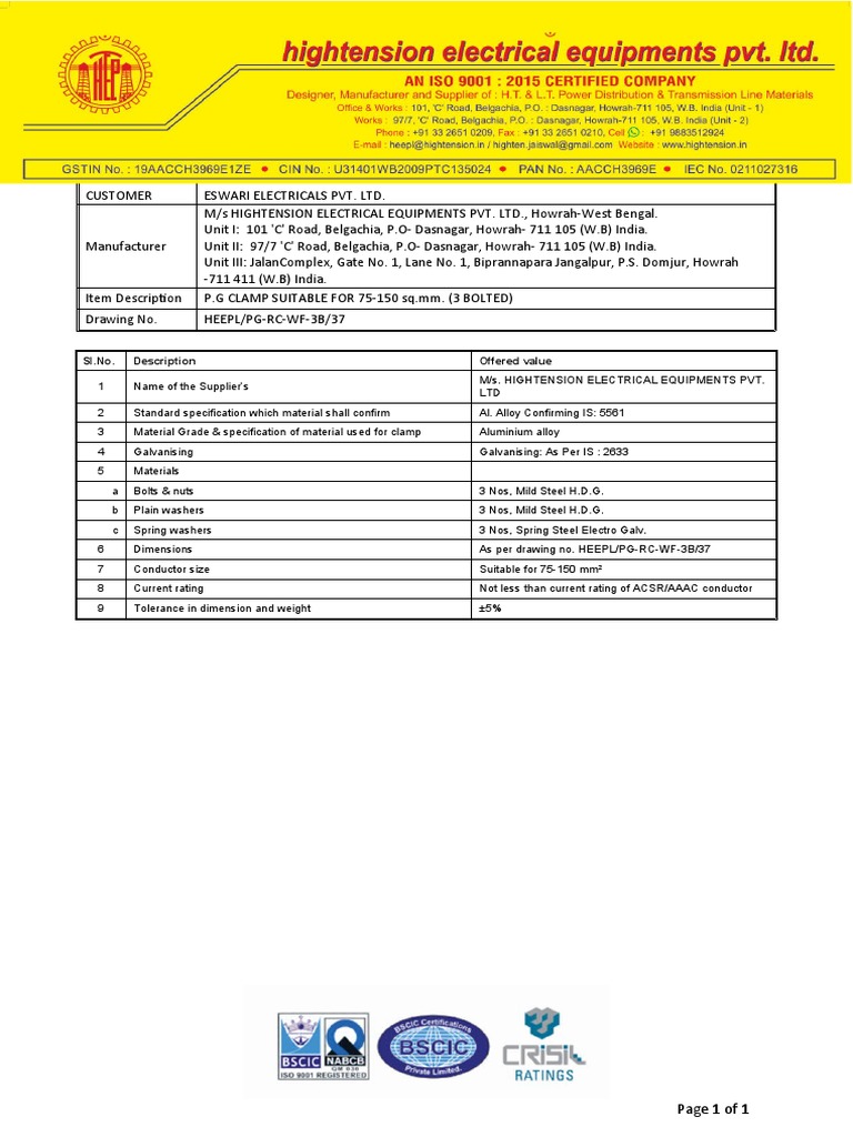 P.G Clamp Specifications for 75-150 sq.mm | PDF