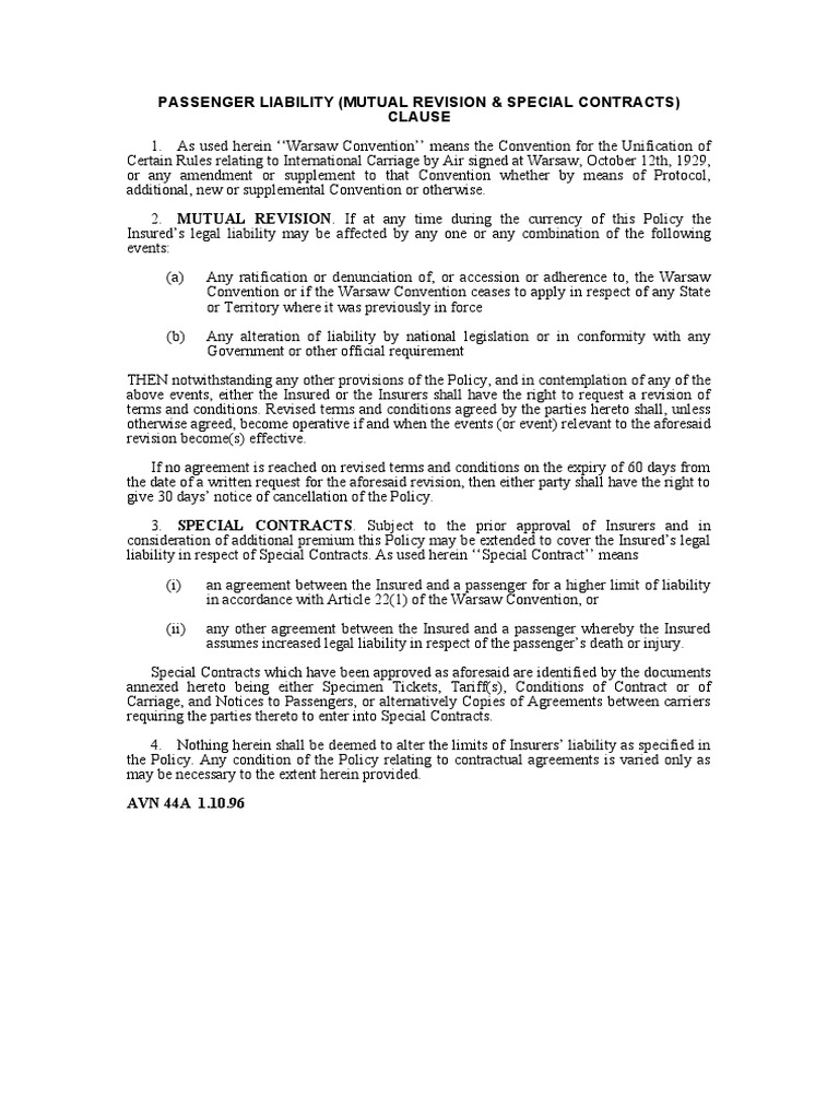 Passenger Liability (Mutual Revision & Special Contracts) Clause | PDF ...