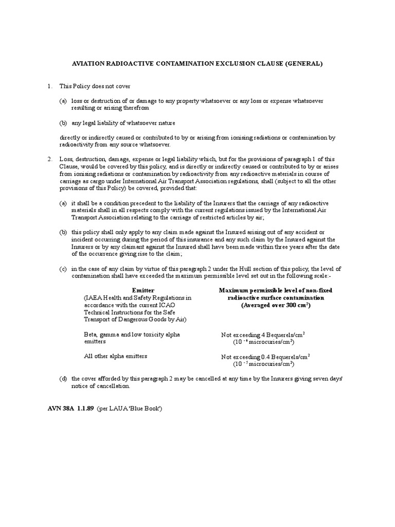Aviation Radioactive Contamination Exclusion Clause (General) | PDF ...