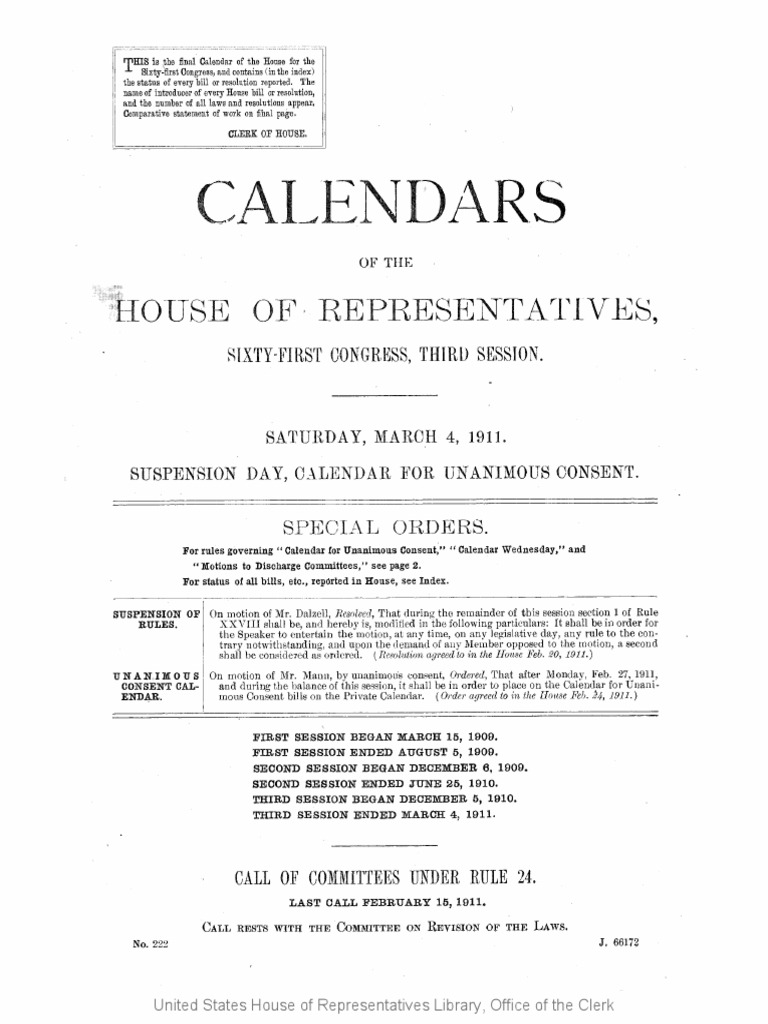 House Calendar 61st Congress | PDF | United States House Of ...