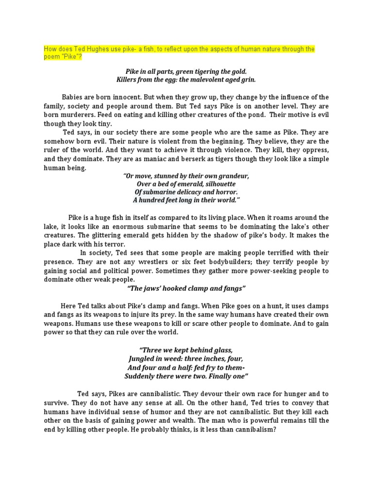 How Does Ted Hughes Use Pike - A Fish, To Reflect Upon The Aspects of ...