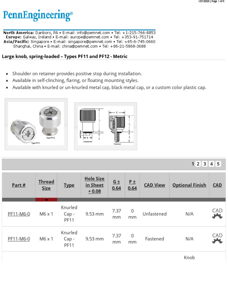 Large Knob, Spring-Loaded - Types PF11 and PF12 - Metric | PDF | Screw ...