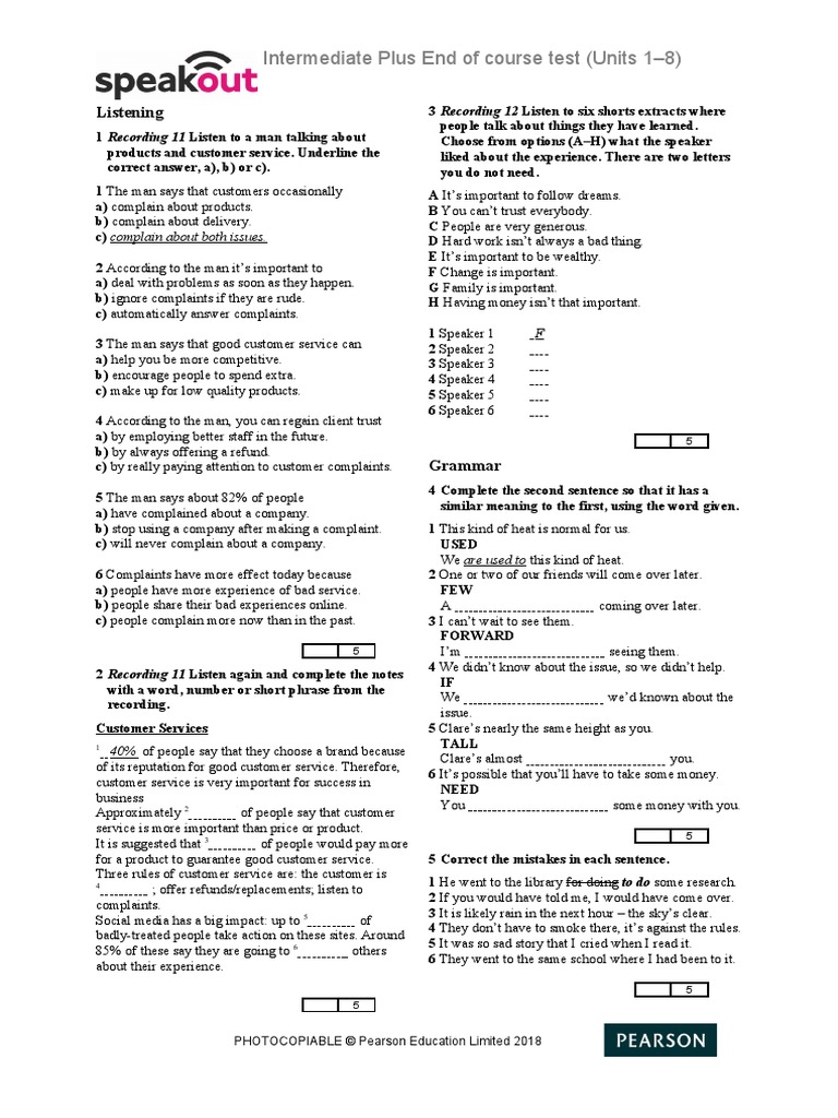 Intermediate Plus End of Course Test (Units 1-8) : Listening | PDF ...