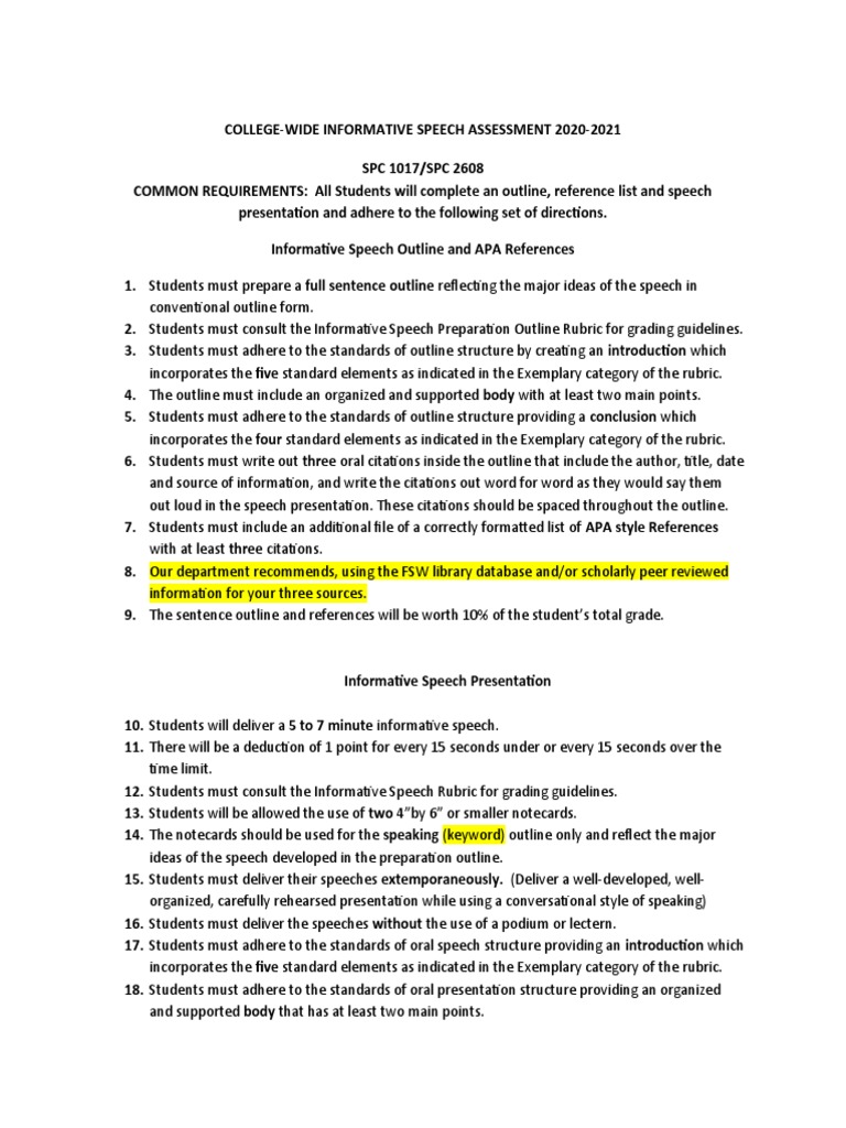 Guidelines for College-Wide Informative Speeches Assessing Outline ...