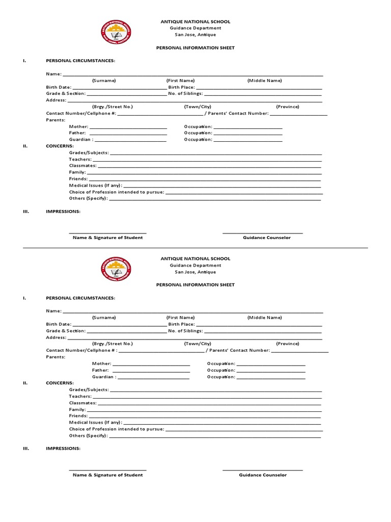 Student Personal Information Sheet | PDF | Human Nature