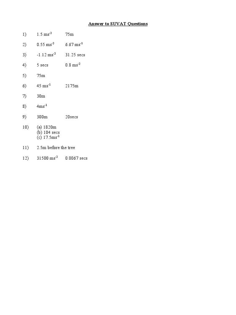 Answer To SUVAT Questions | PDF Answer To SUVAT Questions | PDF