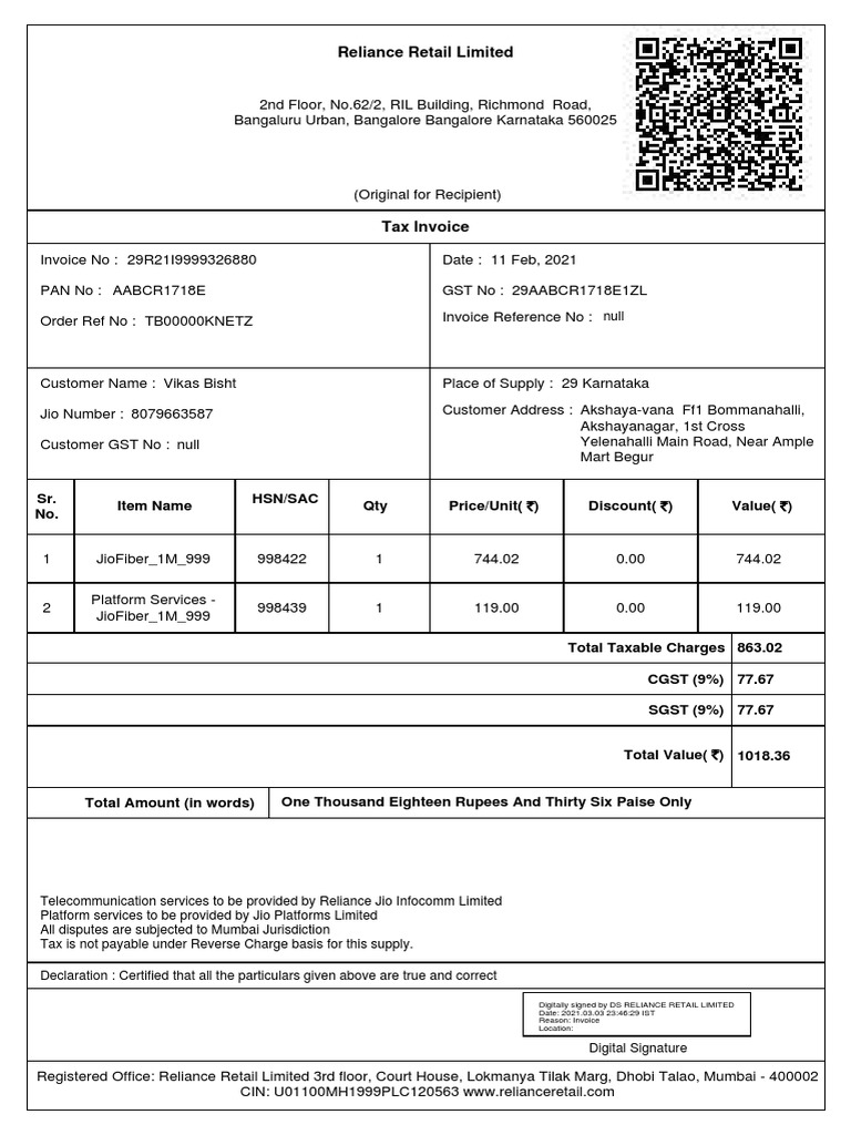 Reliance Retail Limited: Sr. No. Item Name Hsn/Sac Qty Price/Unit ...