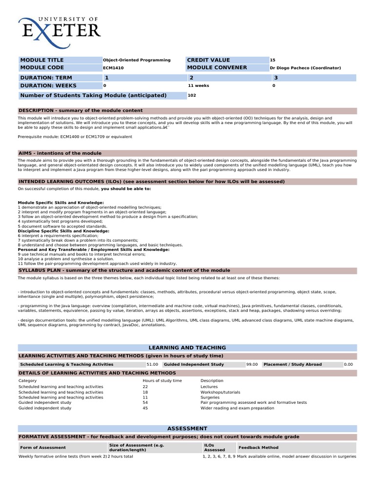 Module ECM1410 (2020) Object-Oriented Programming | PDF | Computer ...