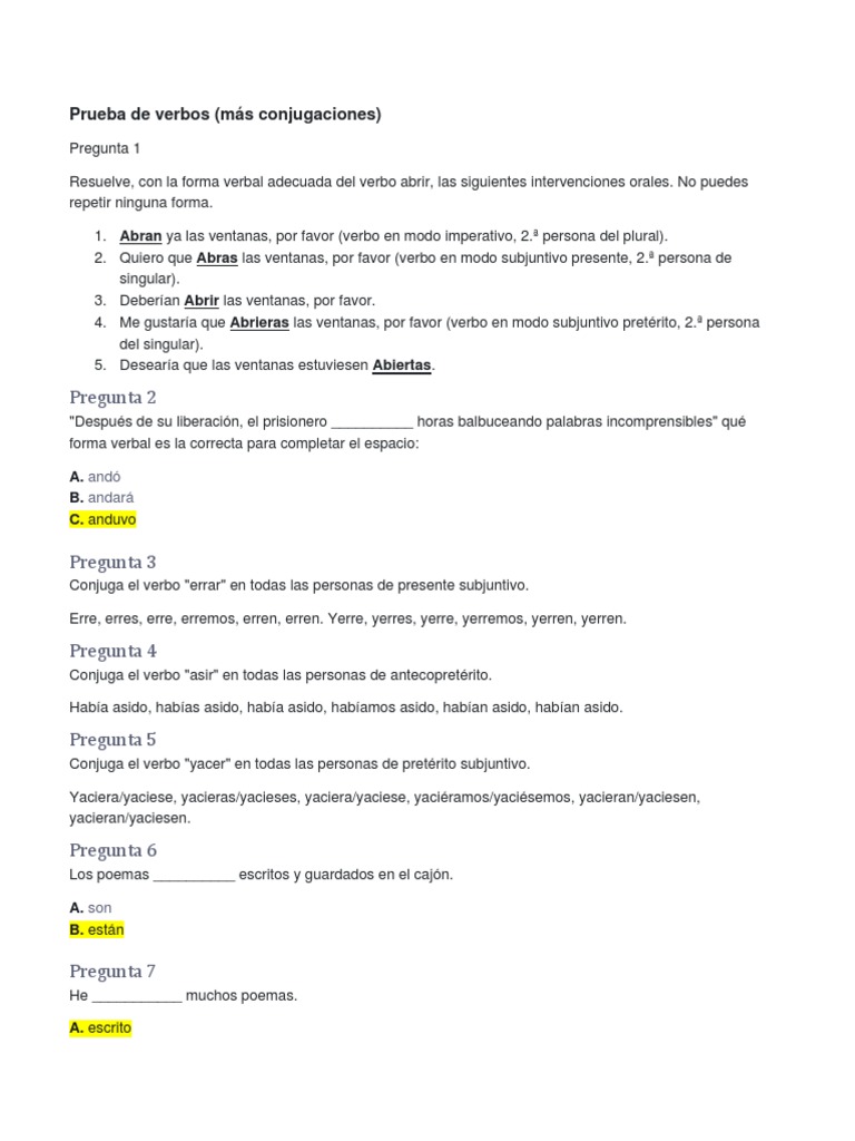 Prueba de Verbos (Más Conjugaciones) | PDF