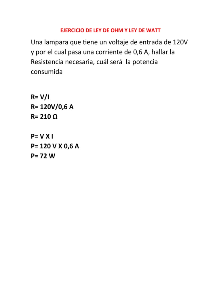 Ejercicio de Ley de Ohm y Ley de Watt | PDF