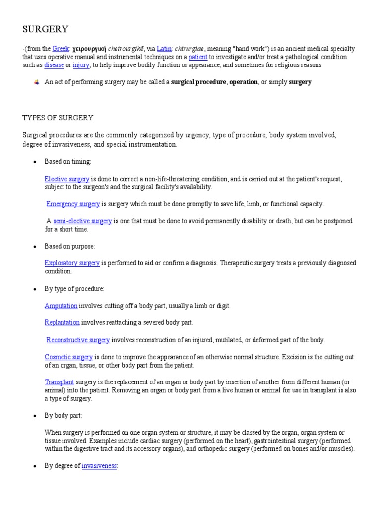 Surgery Types | PDF | Surgery | Health Sciences