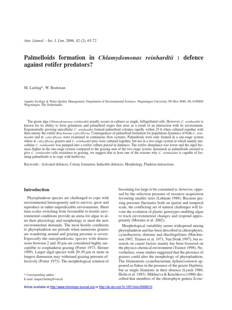 Palmelloids Formation in Chlamydomonas Reinhardtii Defence | PDF ...