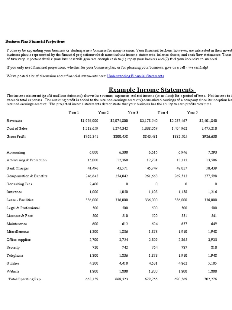 Example Income Statements: Business Plan Financial Projections | PDF ...