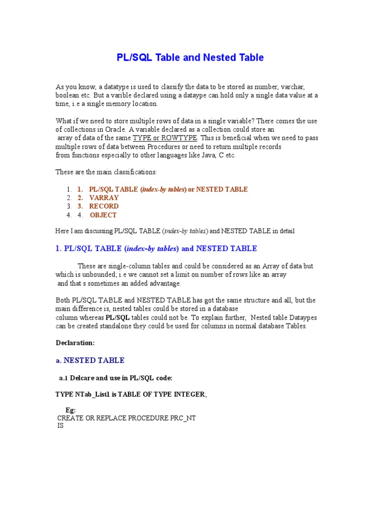 Plsql Nested Tables Pdf Plsql Scientific Modeling