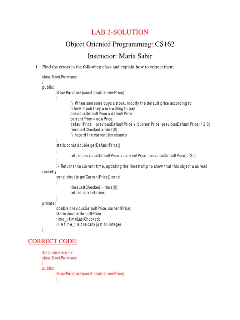 Object Oriented Programming Cs162 Instructor Maria Sabir Lab 2 Solution Pdf Constructor