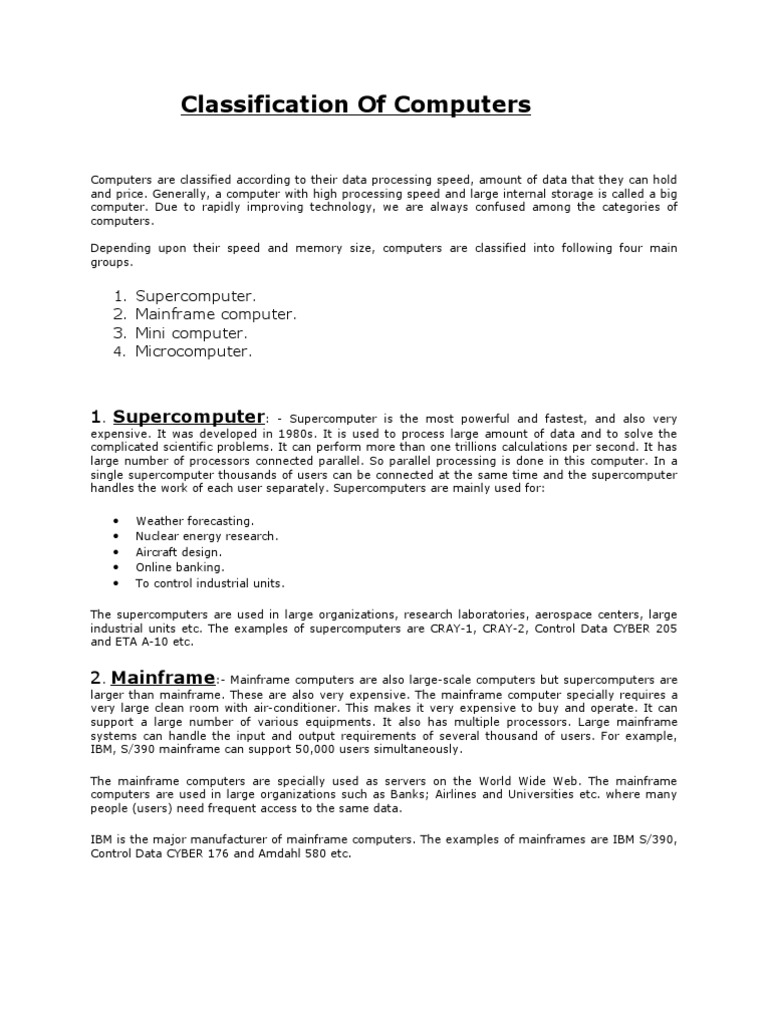 Classification of Computers | PDF | Mainframe Computer | Supercomputer
