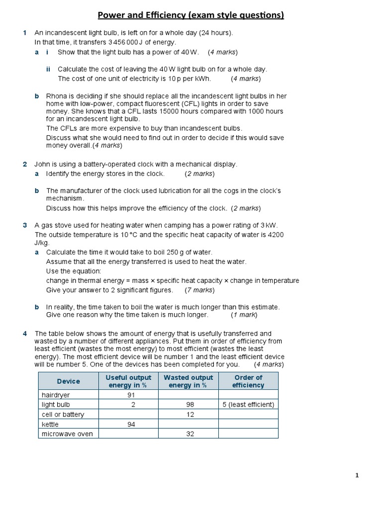 Power and Efficiency Exam Questions | PDF | Compact Fluorescent Lamp ...