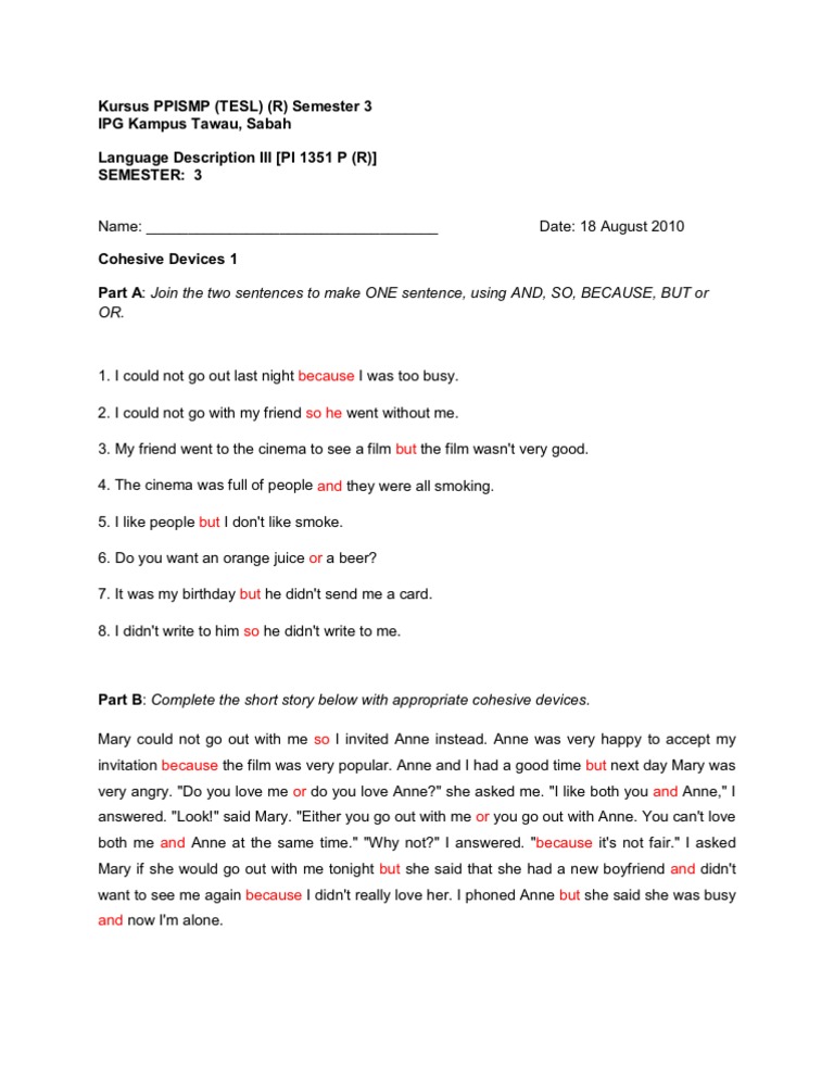 Cohesive Devices Activities and Worksheets | PDF