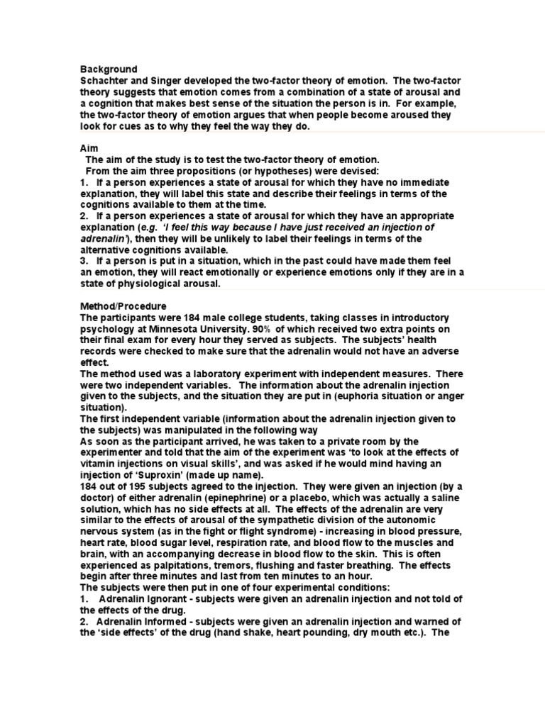 Testing Schachter-Singer Emotion Theory | PDF | Emotions | Metaphysics ...