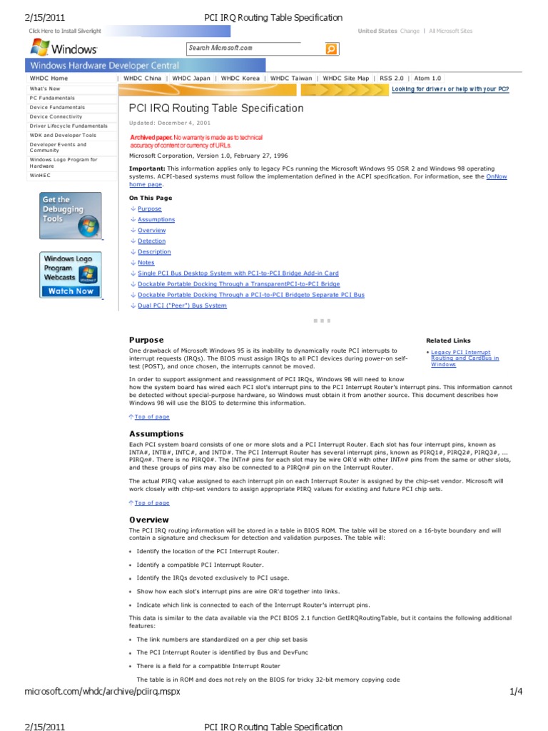 PCI IRQ Routing Table Specification | PDF | Bios | Personal Computers